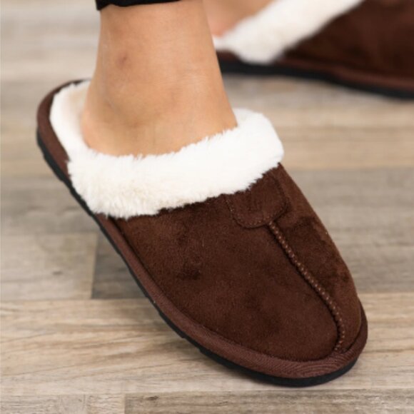 Shoes | Faux Suede Faux Furlined Mule Slippers In Chocolate Brown ...